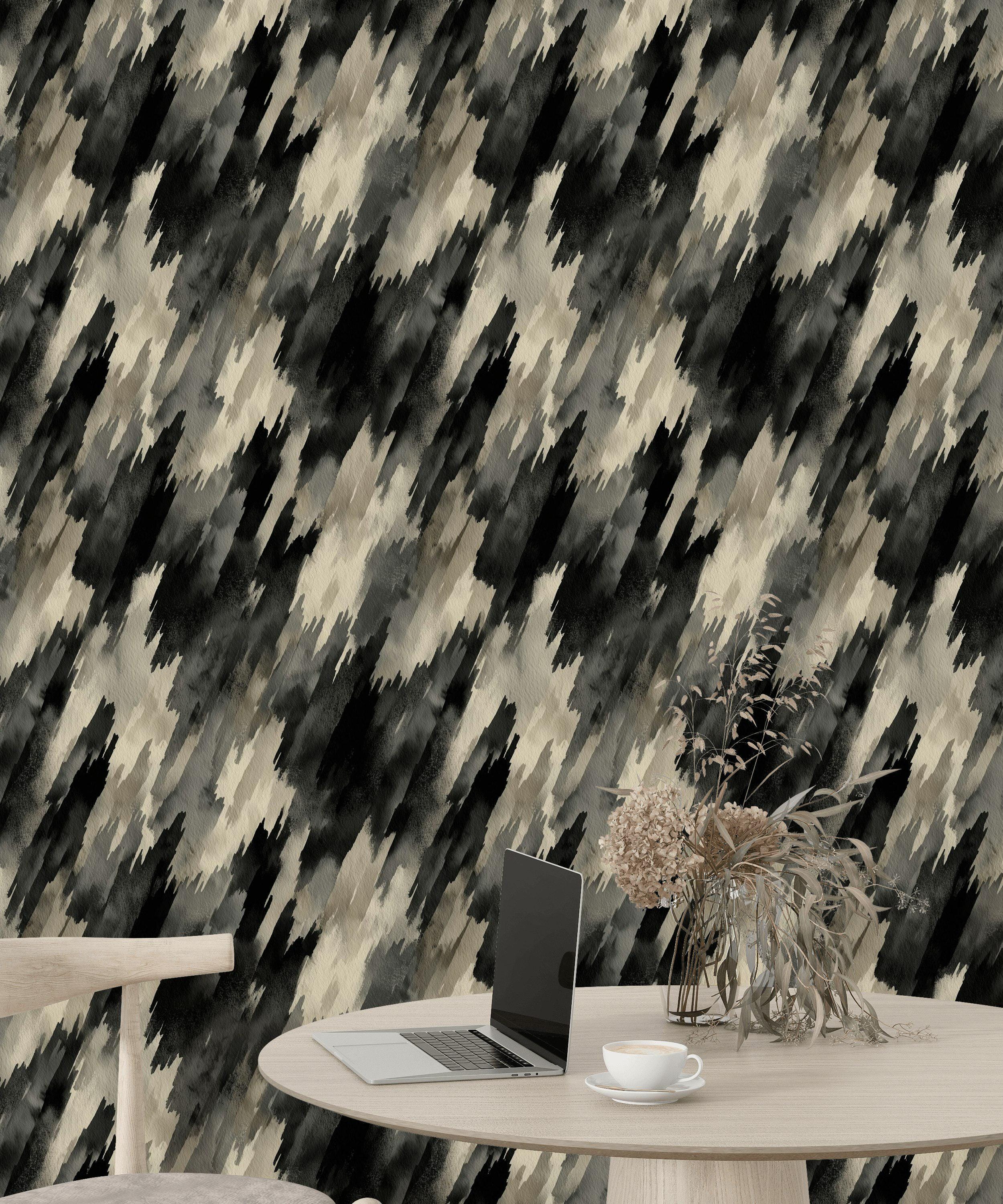 Abstract Diagonal Brushstroke Wallpaper, Black Gray Watercolor Peel ...